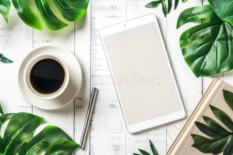 Work from Home. Desk Office with Tablet, Blank Notepad, Coffee Cup and ...
