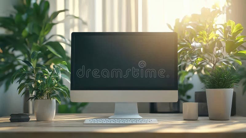 Work from Home, a Desk Setup with Plants, Sunlight, and a Computer ...