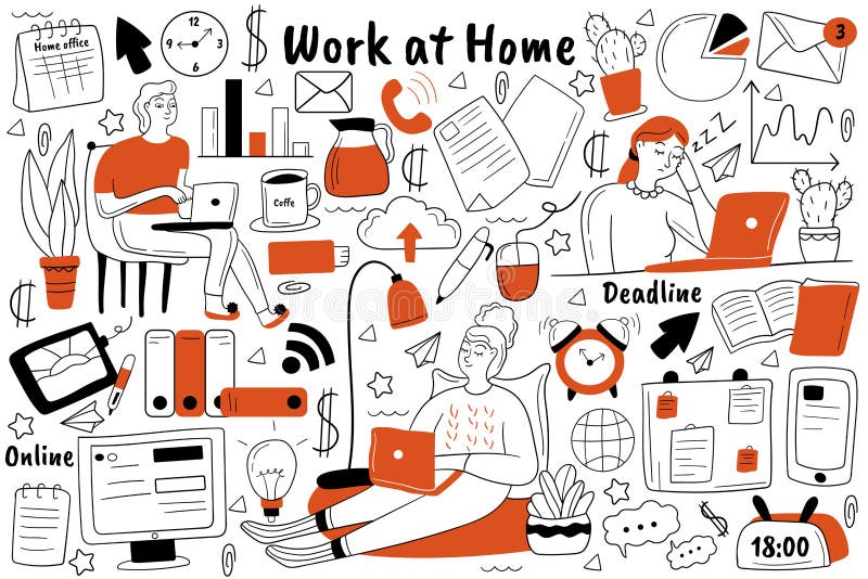 Work at home doodle set stock vector. Illustration of graphic - 199447974