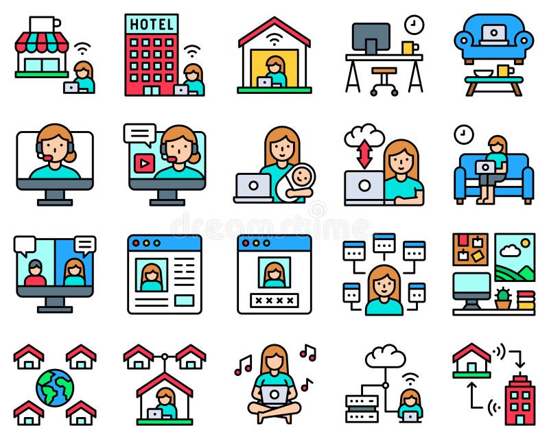 Work from Home Icon Set, Female Version Stock Vector - Illustration of ...