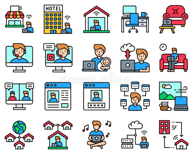 Work from Home Icon Set, Male Version Stock Vector - Illustration of ...