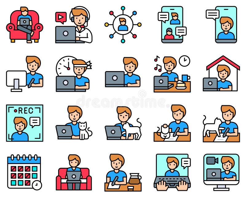 Work from Home Icon Set, Male Version Stock Vector - Illustration of ...