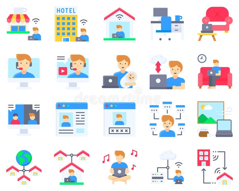 Work from Home Icon Set, Male Version Stock Vector - Illustration of ...