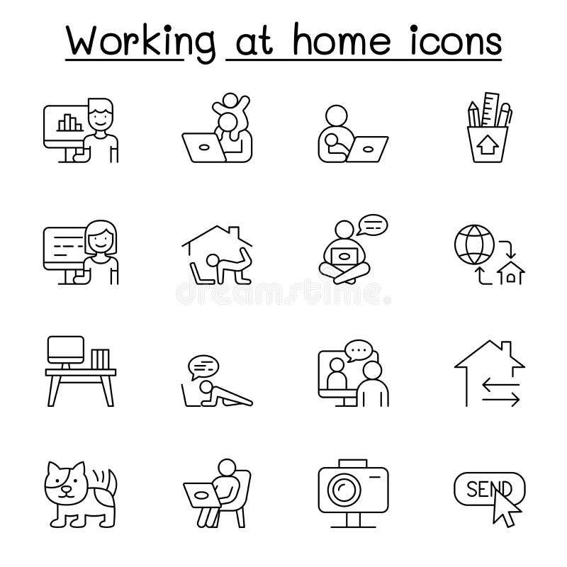 Working at Home Icon Set in Thin Line Style Stock Vector - Illustration ...