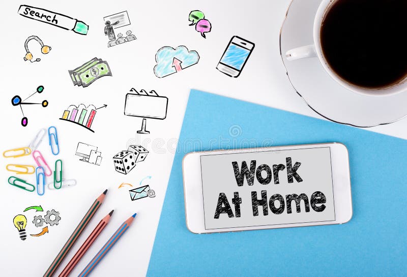 Work at Home. Mobile Phone and Coffee Cup on a White Office Desk Stock ...