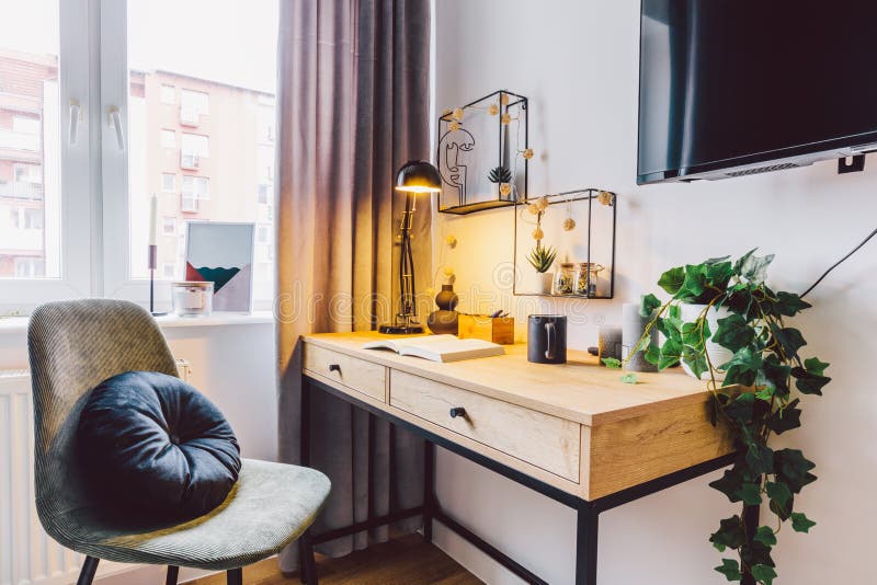 Work at Home Office, Modern Simple Desk Stock Photo - Image of wooden ...