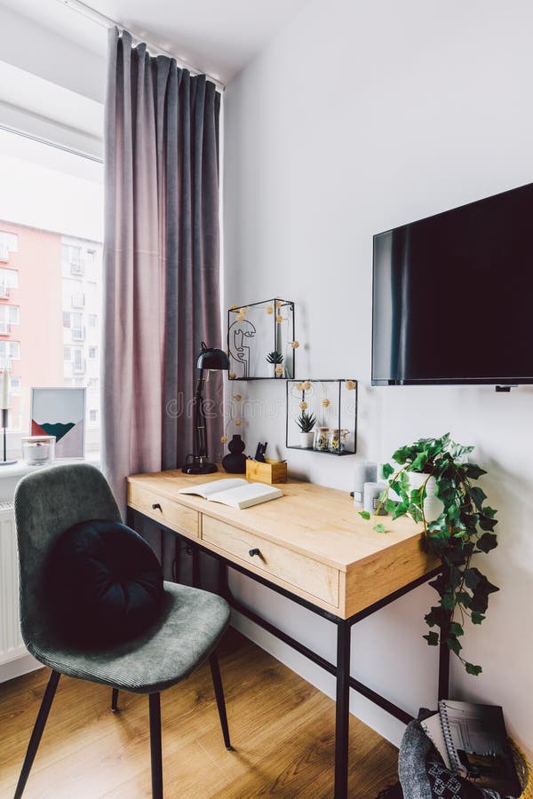 Work at Home Office, Modern Simple Desk Stock Image - Image of ...