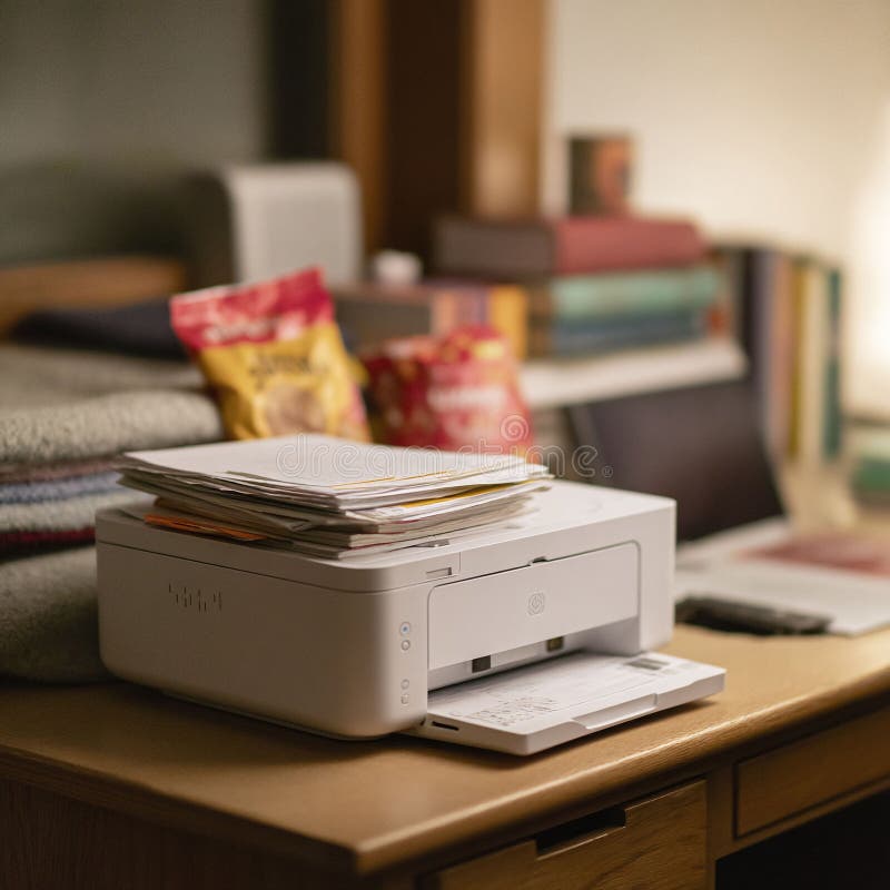 Work from Home Scene Featuring a Printer with a Stack of Documents on a ...