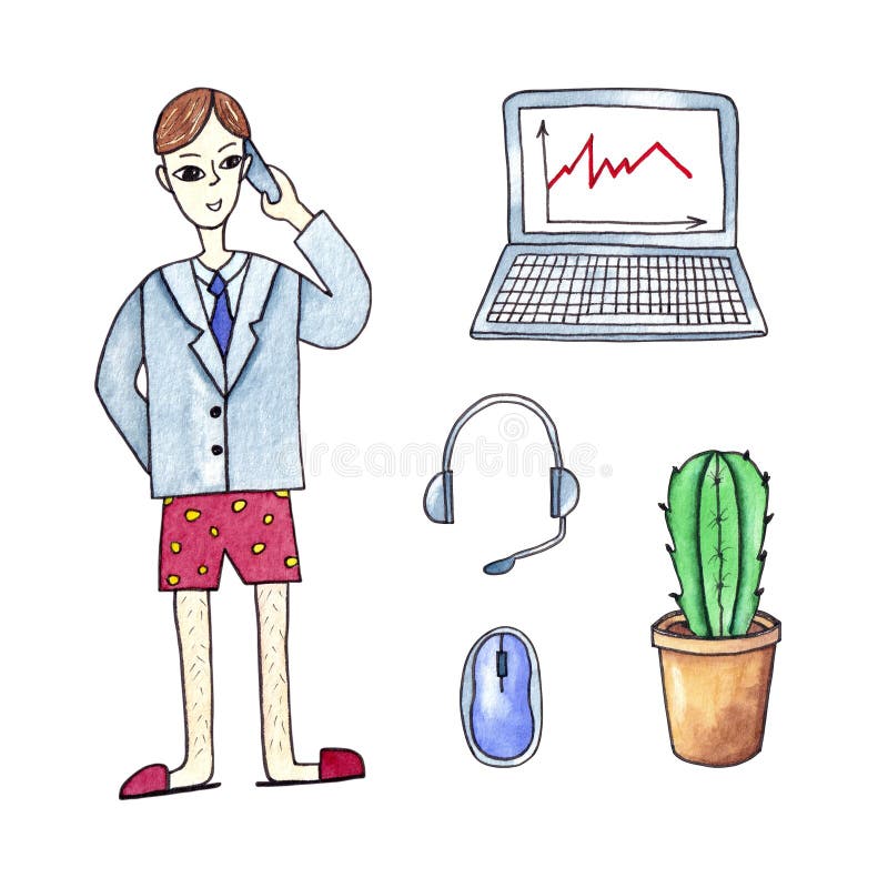 Clip Art with Work from Home Concept, Remote Working, Watercolor ...