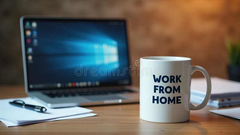 Work from Home Setup Featuring Laptop, Mug with Text, Pen, and Papers ...