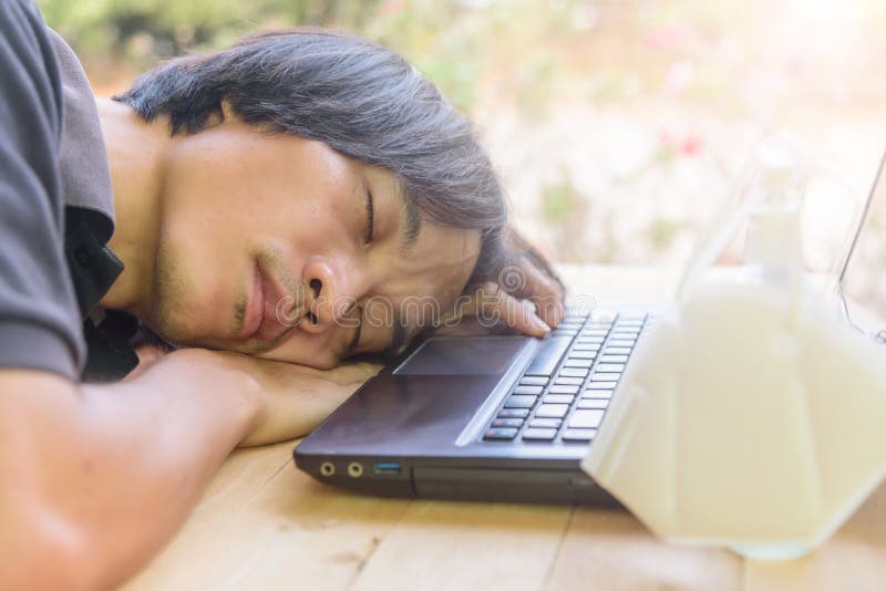 The Sleeping with Laptop in Work from Home Day Stock Photo - Image of ...