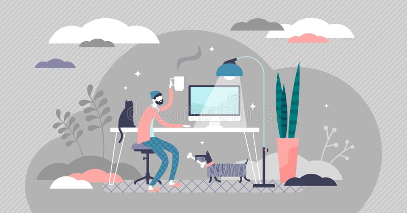 Work from Home Vector Illustration. Distance Workplace Tiny Persons ...