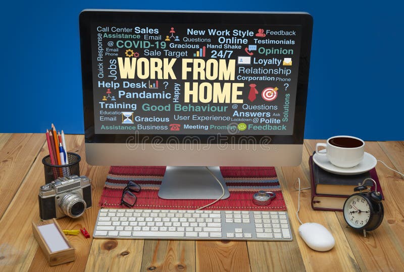 Work from Home Words Collage on Home Office Computer Screen Stock Image ...