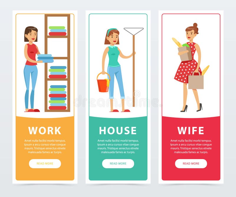 Work, House, Wife Banners Set, Housekeeping and Housework Flat Vector ...