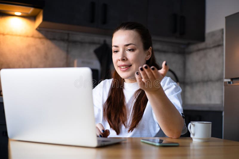 Work on the Kitchen Office. Remote Work from Home Office Stock Photo ...