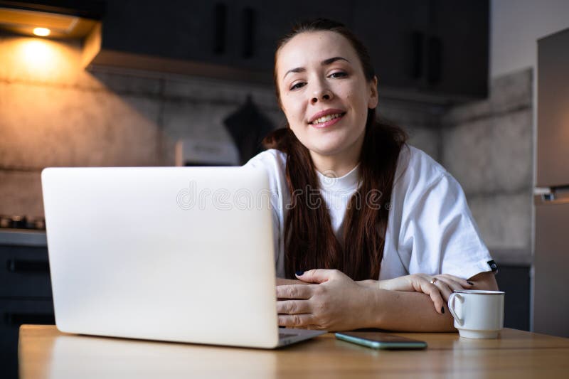 Work on the Kitchen Office. Remote Work from Home Office Stock Photo ...