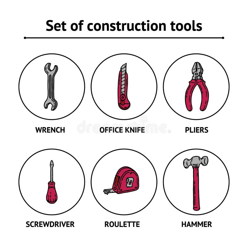 Work and Labor Hand Drawn Red and Gray Set of Construction Tools with ...