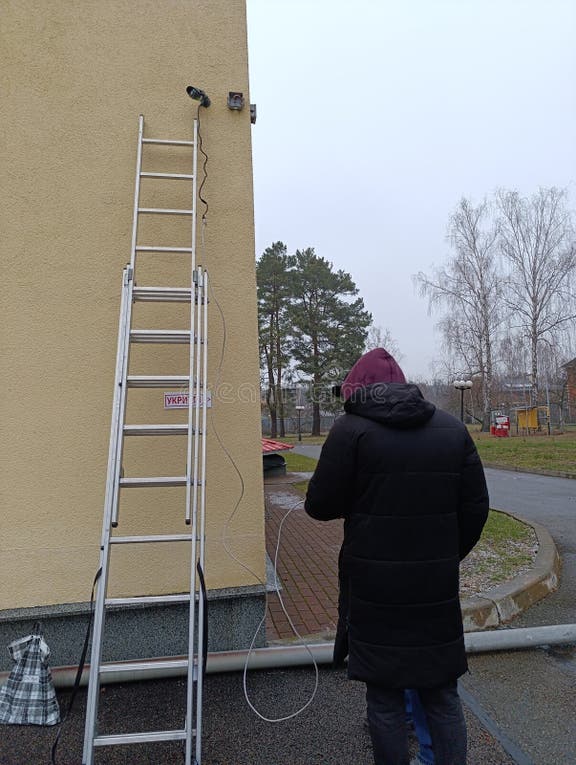 Work Ladder Cctv Camera Worker Engineer Stock Image - Image of camera ...