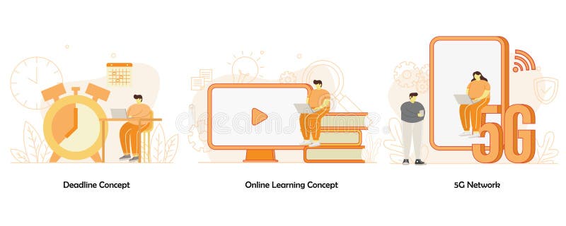 Work on Laptop Activity Graphic Set. Deadline Concept, Online Learning ...