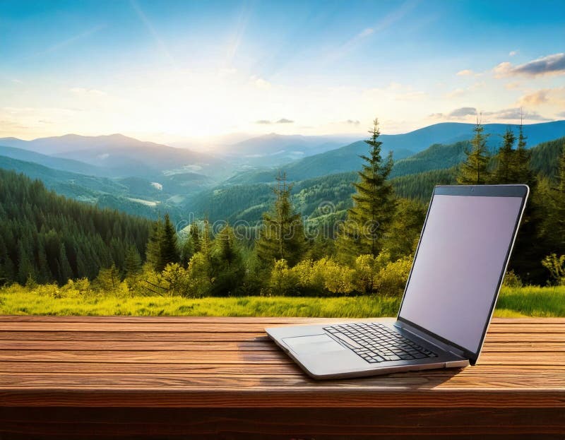 Work Laptop with View of Nature Landscape Stock Illustration ...
