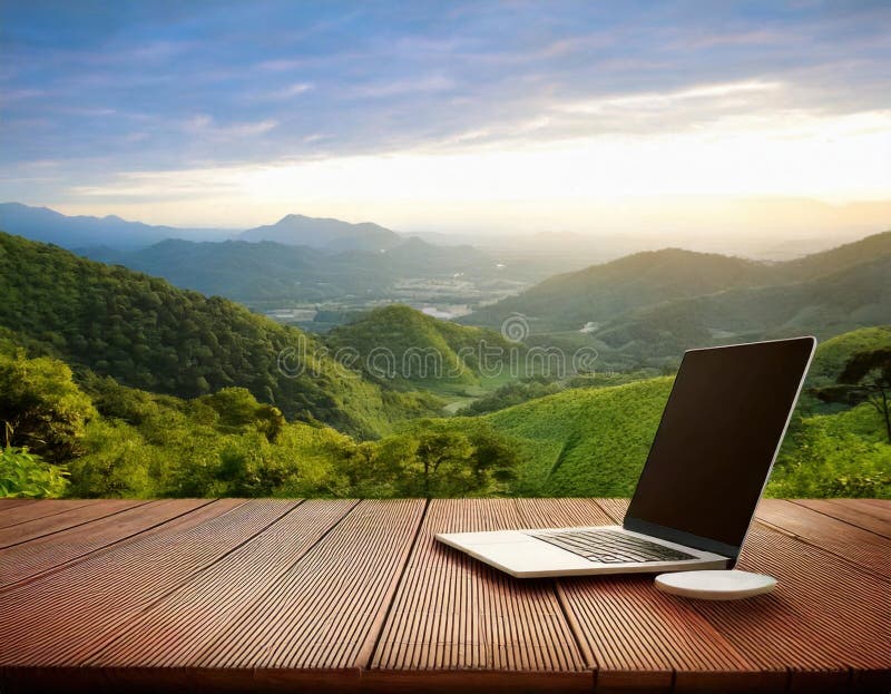 Work Laptop with View of Nature Landscape Stock Illustration ...