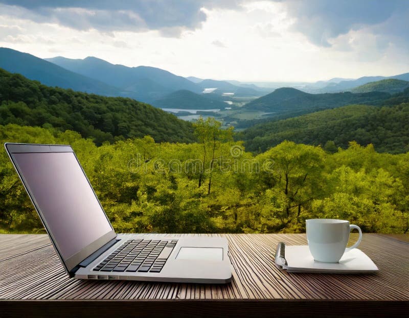 Work Laptop with View of Nature Landscape Stock Illustration ...
