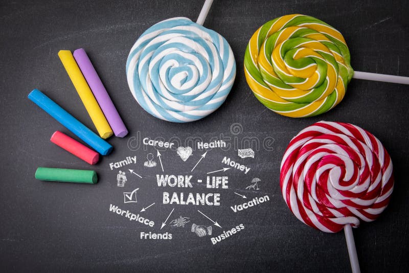 Work Life Balance Concept. Colored Pieces of Chalk and Candy Lollipop ...