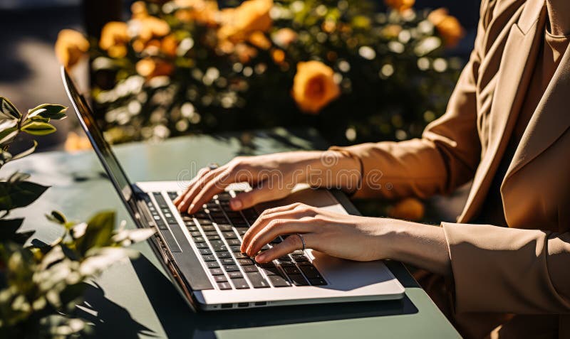 Work-Life Balance Hands Typing on Laptop in Nature-Inspired Setting ...