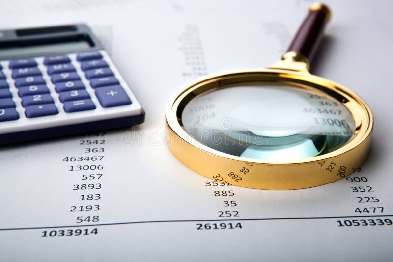Work with a Magnifying Glass, a Calculator Stock Photo - Image of ...