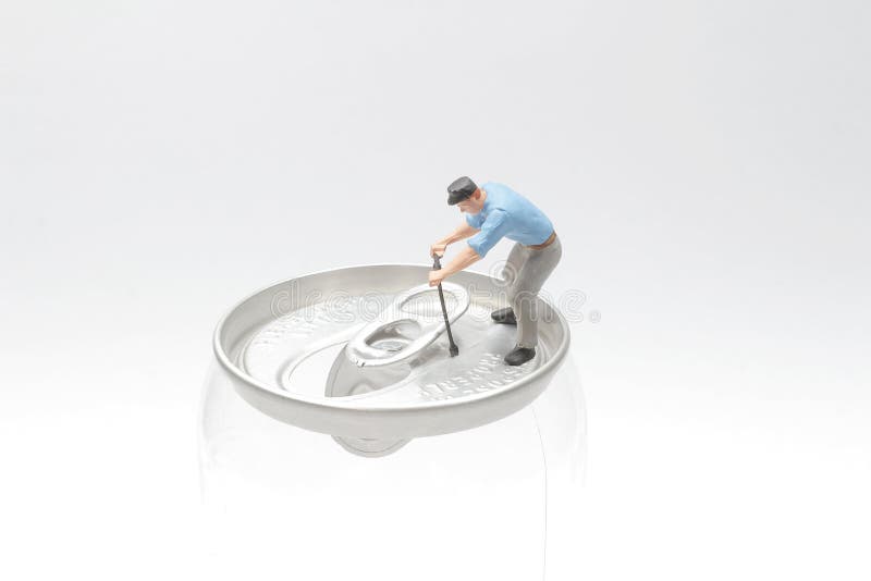 Work Man Open a Can. Mini Workman on Top of Soda Stock Photo - Image of ...
