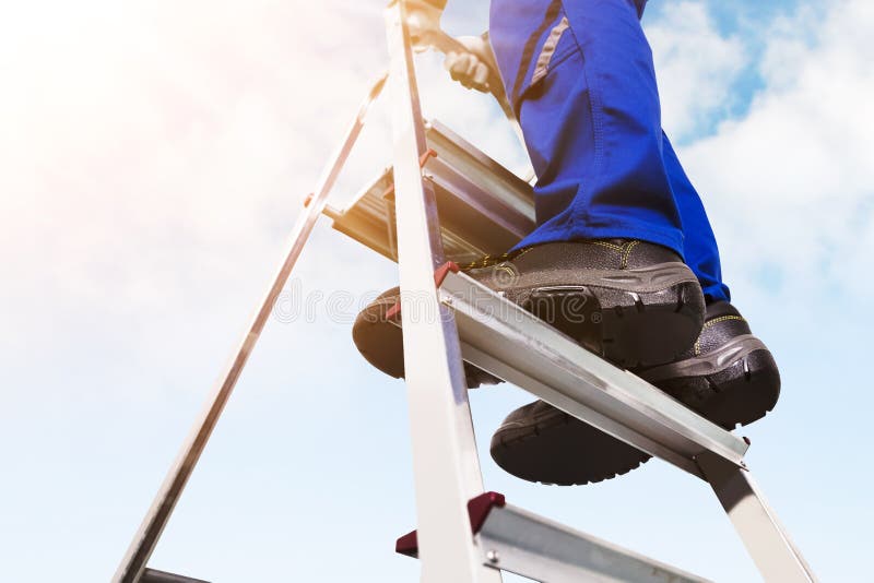 Work Man Working on Ladder Step Stock Image - Image of carpenter ...