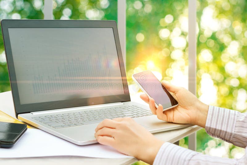 Work on Mobile Computers with Statistics. Stock Image - Image of graph ...