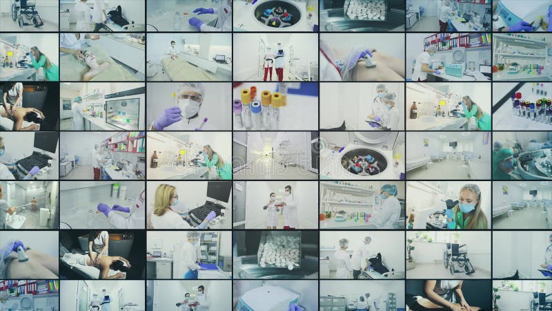 Work in a Modern Hospital, Split Screen. Modern Clinic Video Wall Stock ...