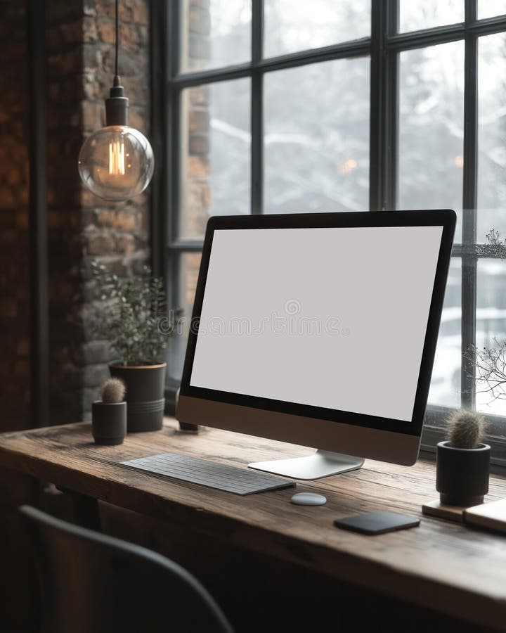 A Work Monitor is on a Table Near a Window. Stock Photo - Image of ...