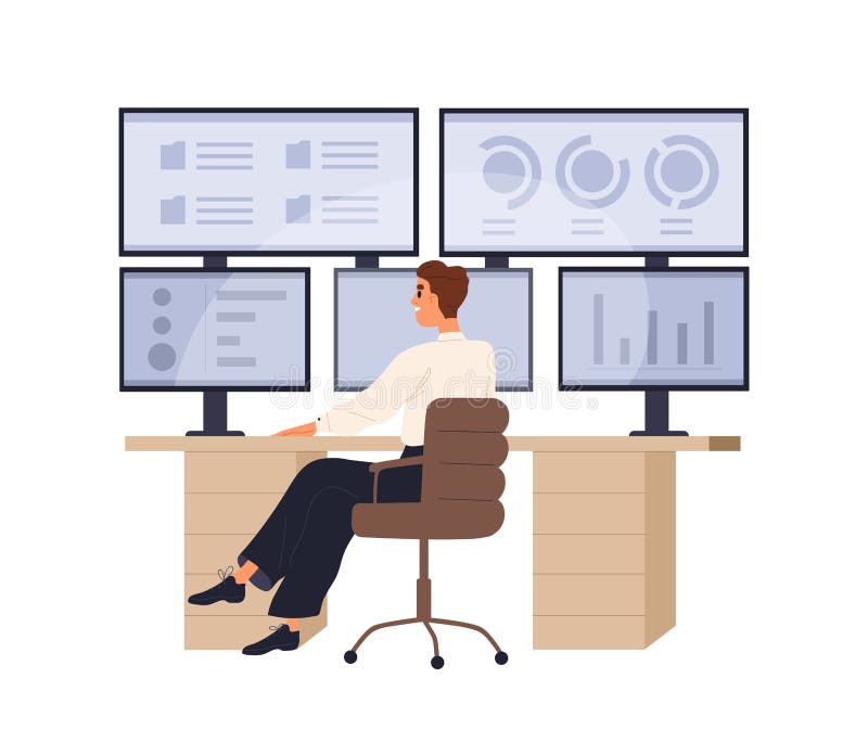 Work at Multiple-monitor Computer with Business Graphs and Charts. Big ...