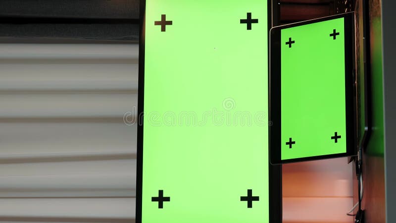 Work Office Desk with Green Screen Template on Computer. Vertical Video ...