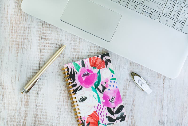 Office Desk Flat Lay from Above with Computer Notebook and Pen Stock ...