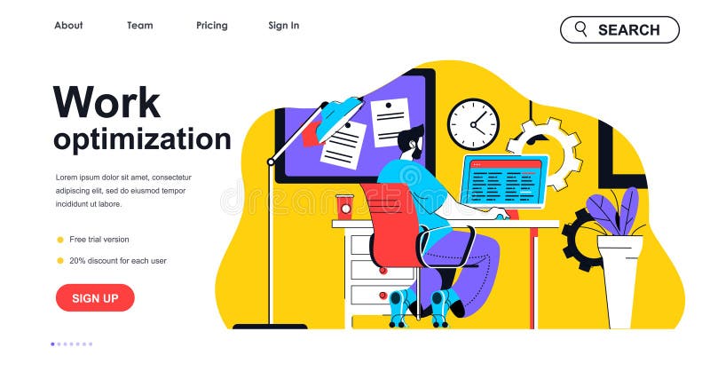 Work Optimization Concept for Landing Page Template. Man Creates ... Work Optimization Concept for Landing Page Template. Man Creates ...