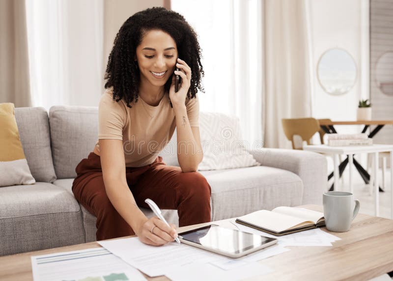 Work Phone Call, Home and Black Woman Doing Web Design Development with ...