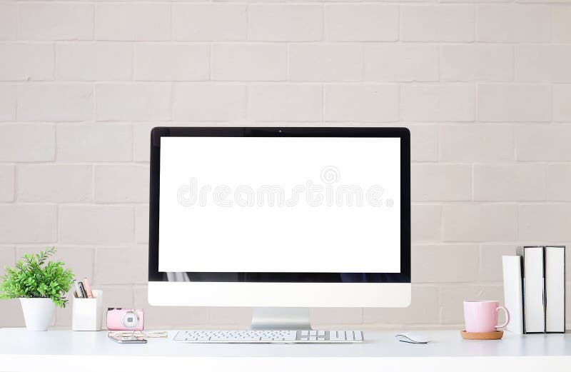 Work Place with Blank Screen Computer Pc and Office Supplies on White ...