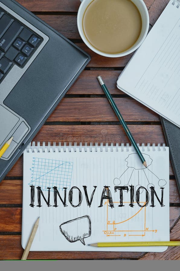 Work Place with Notebook with Note about: Innovation Stock Image ...