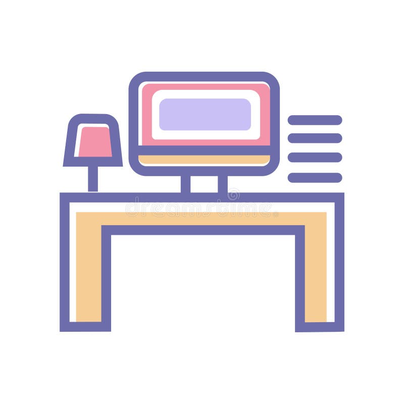 Work Place or Office Work Icon. Vector Icon with Computer Table Lamp ...
