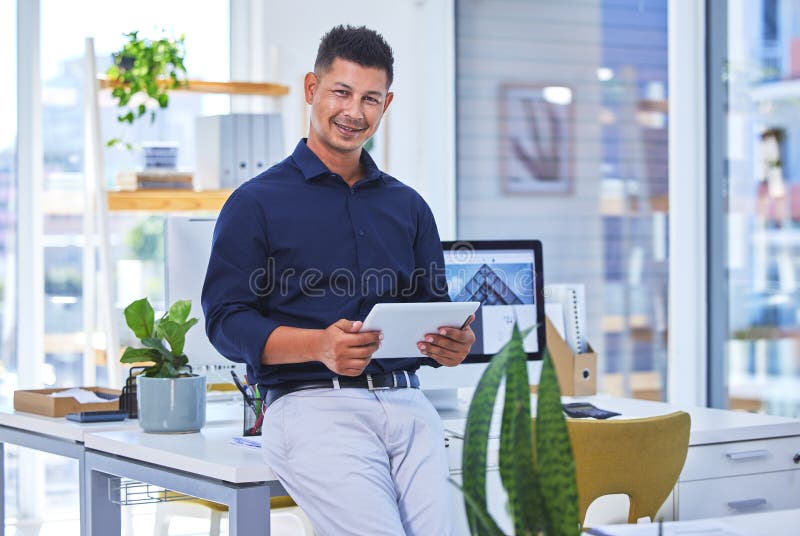 Work, Portrait and Businessman with Tablet in Office for Online ...