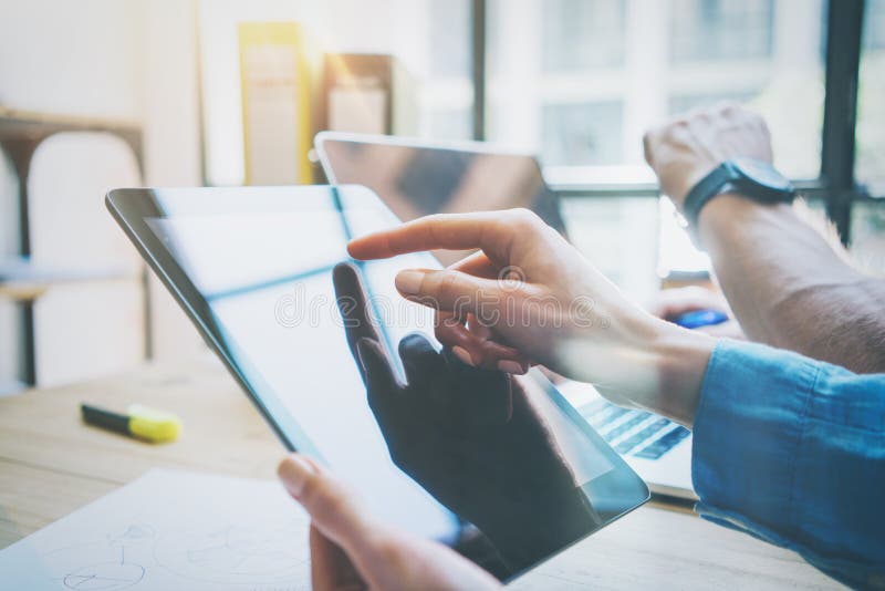 Work Process in Modern Office. Young Account Manager Working at Wood ...