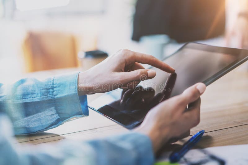 Work Process in Modern Office. Young Account Manager Working at Wood ...