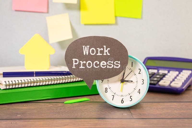 WORK PROCESS Words on Card with Keyboard and Office Tools Stock Photo ...