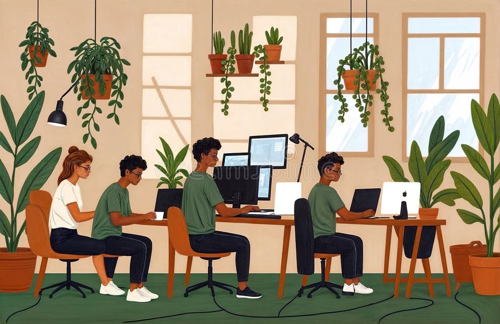 Programmers work stock illustration. Illustration of furniture - 316489624