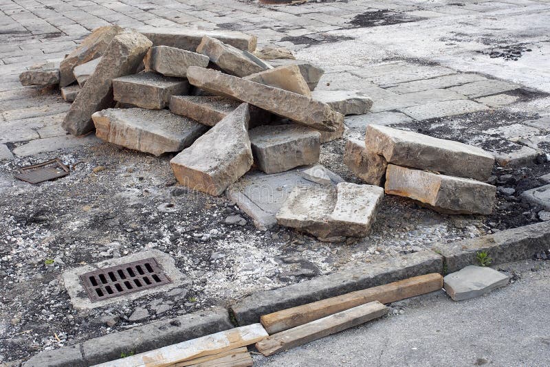 Work in Progress. Sidewalk and Road. Removed Blocks. Stock Photo ...