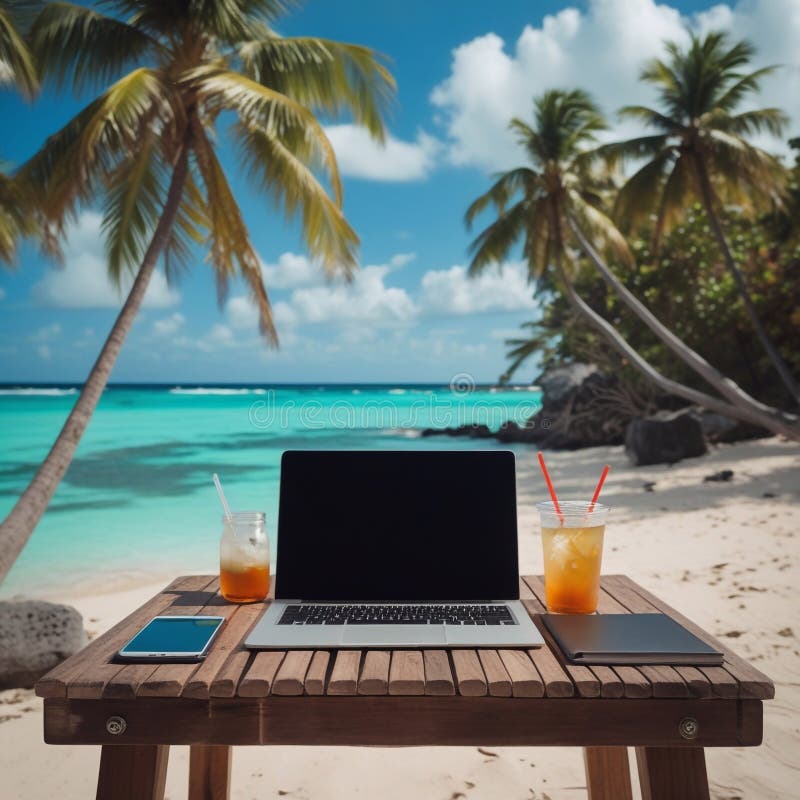 Work Remotely by the Beach: Paradise for Digital Nomads. Stock Photo ...