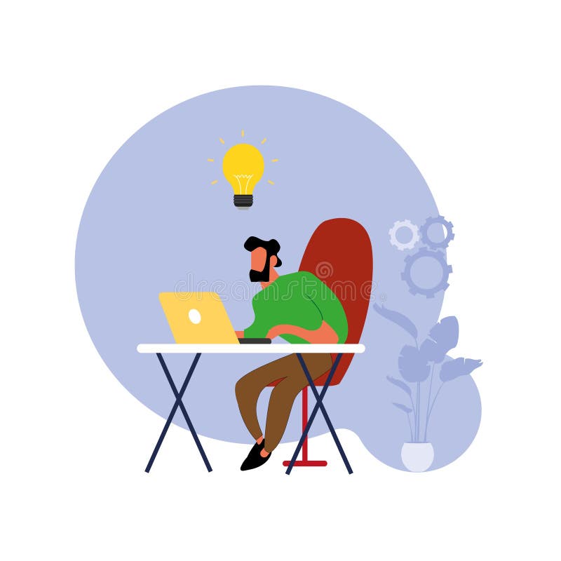 Work Remotely Concept. Vector Cartoon Illustration of a Young Man ...